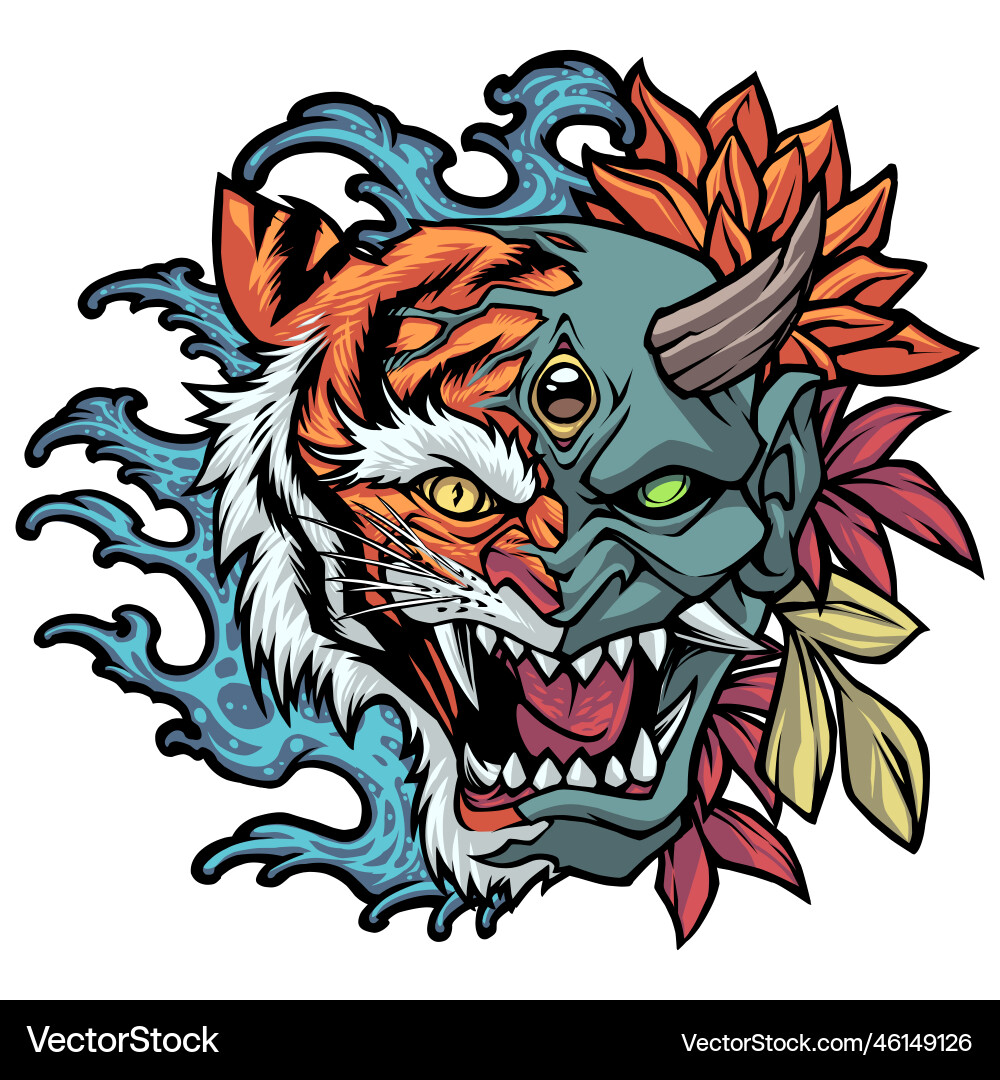 Tiger with half demon mask mascot logo Royalty Free Vector