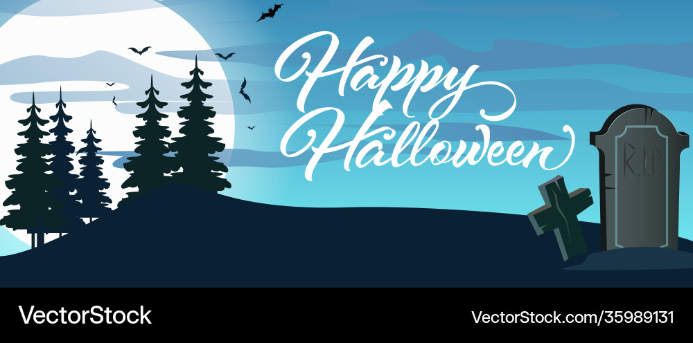 Happy halloween lettering with cemetery moon Vector Image