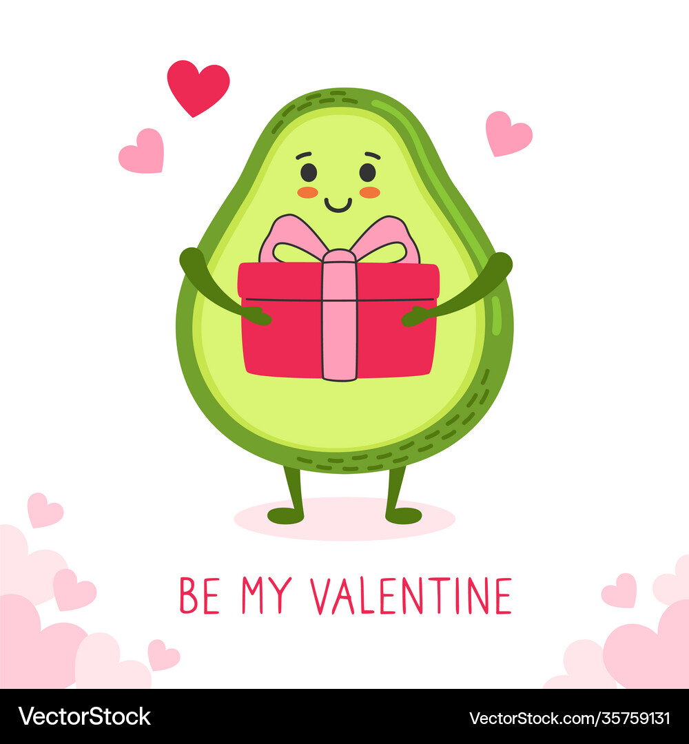 Valentines day greeting card avocado with gift box