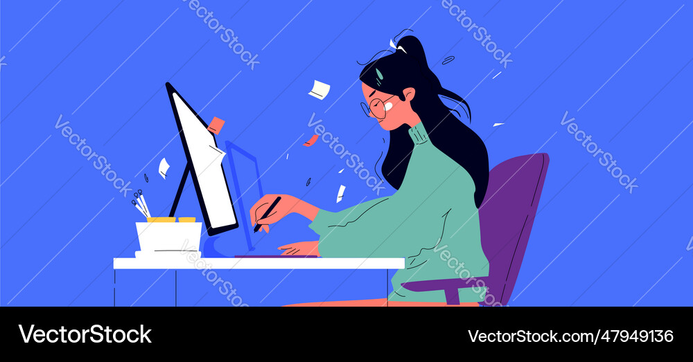A woman working hard at her computer sitting Vector Image