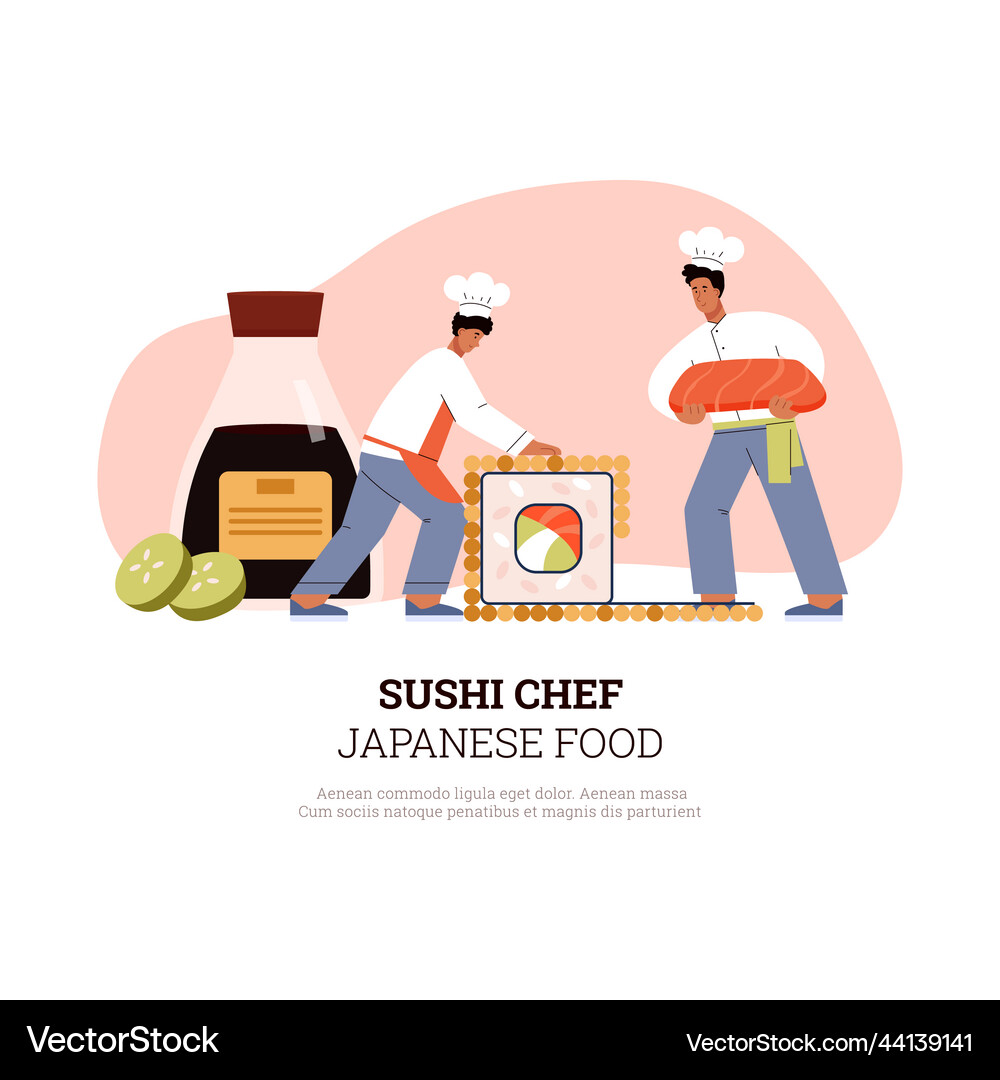 Chef men and making huge sushi flat style Vector Image