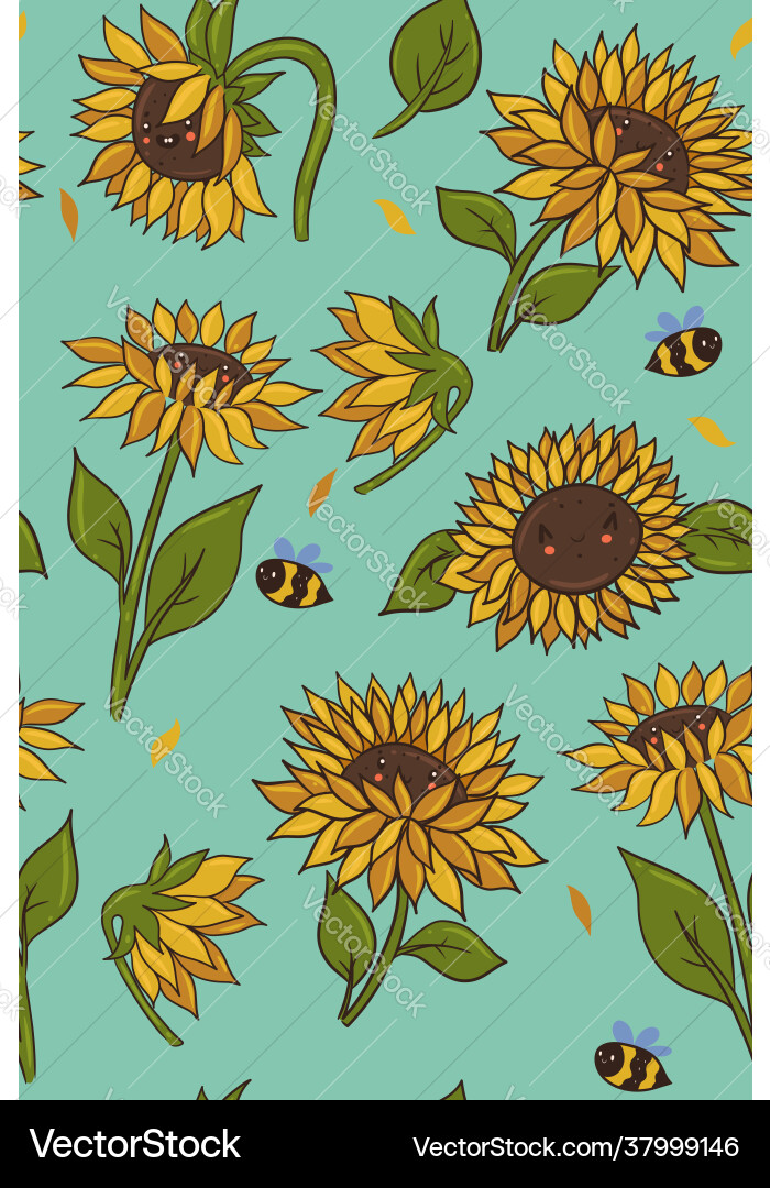 Seamless pattern with cute kawaii sunflowers Vector Image