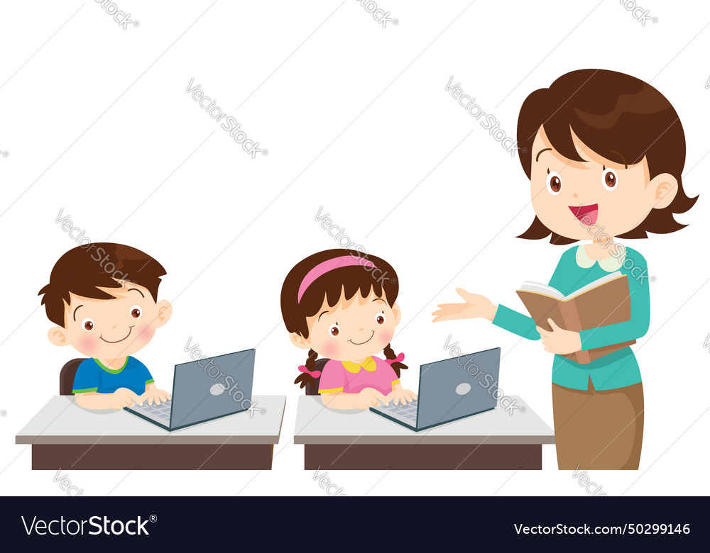 Teacher presenting computer learning and students Vector Image