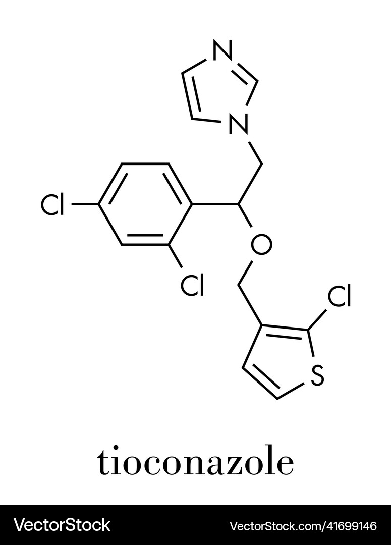 Tioconazole antifungal drug molecule skeletal Vector Image