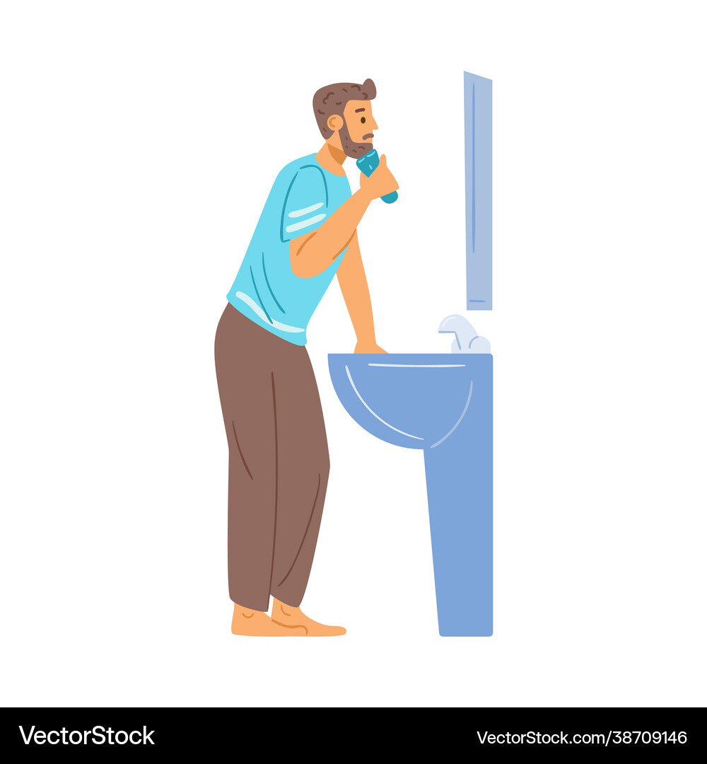 Young man shave beard on face with electric razor Vector Image