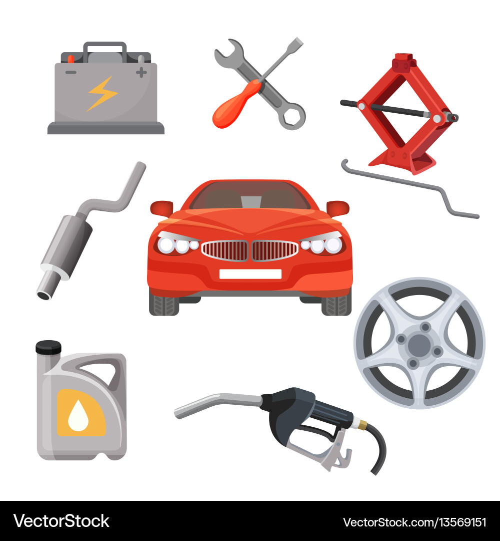 Car service set red automobile and working Vector Image