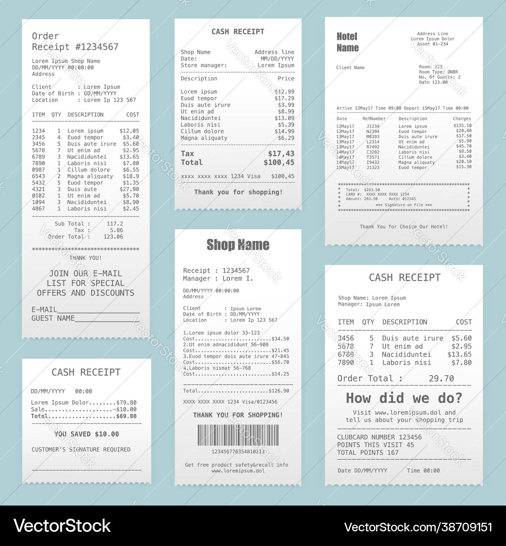 Cash receipt samples realistic images collection Vector Image