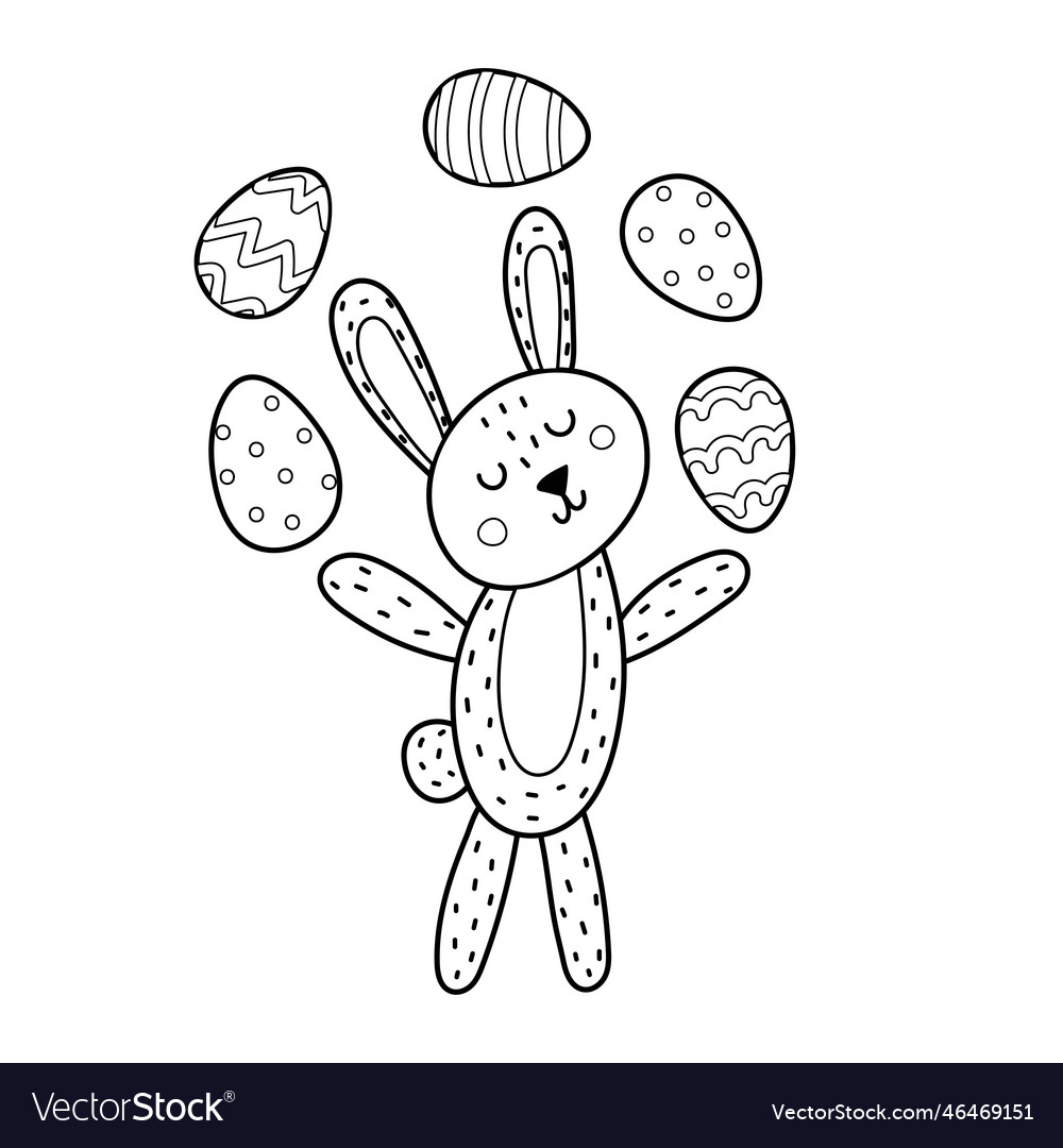 Easter bunny juggling eggs coloring page for kids Vector Image