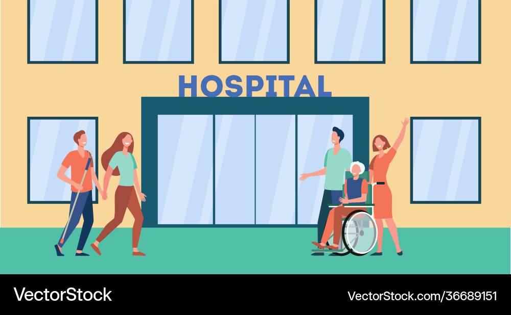 Patients and their relatives in front hospital Vector Image