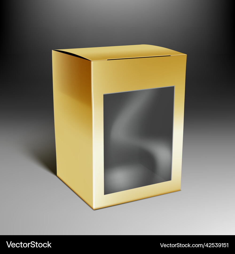 Realistic golden cardboard box with plastic window