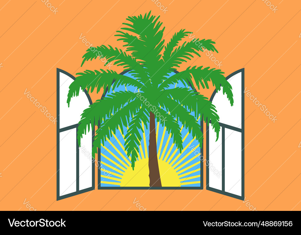 Bright colored cartoon landscape in the window Vector Image