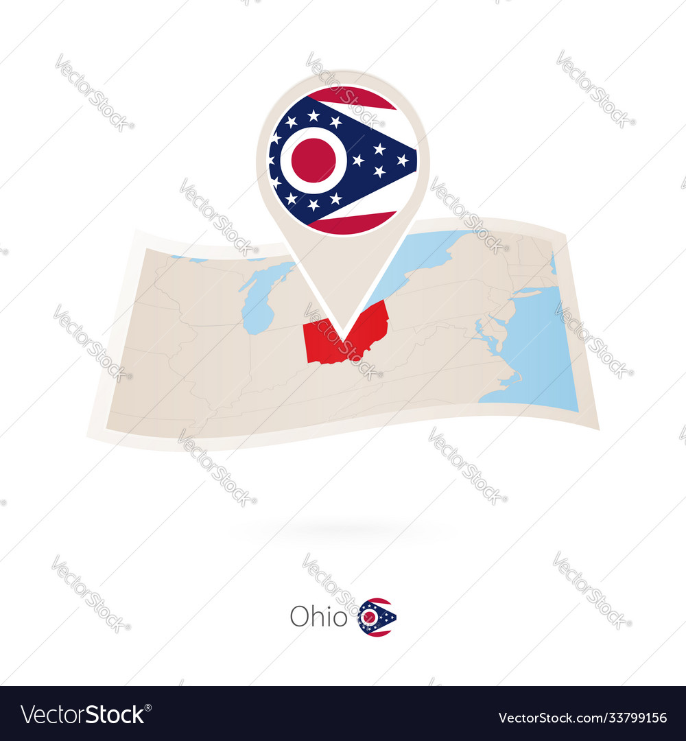Folded paper map ohio us state with flag pin Vector Image