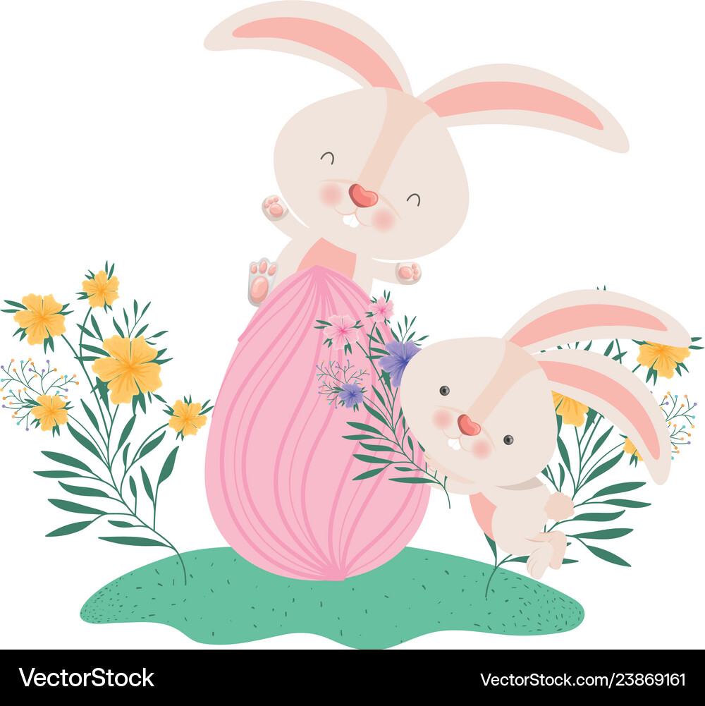 Easter rabbits with egg and flowers icon Vector Image