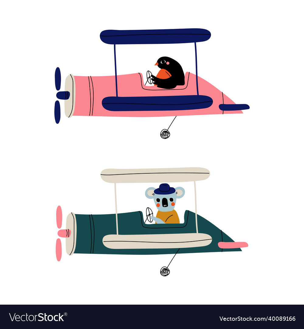 Cute animal pilot flying retro plane Royalty Free Vector