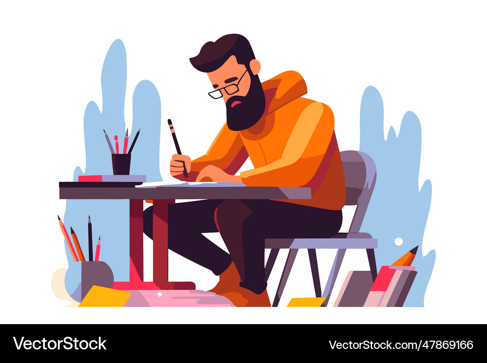 Young man artist siting and making drawing Vector Image