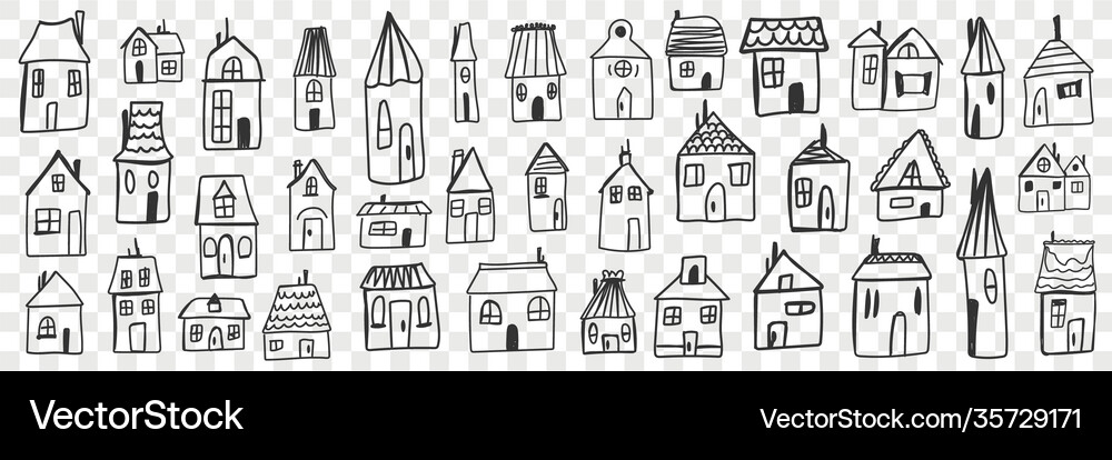 Various houses and buildings doodle set Royalty Free Vector