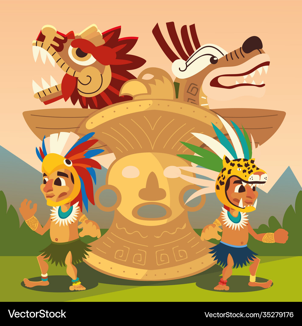 Aztec warrior characters totem and snakes Vector Image
