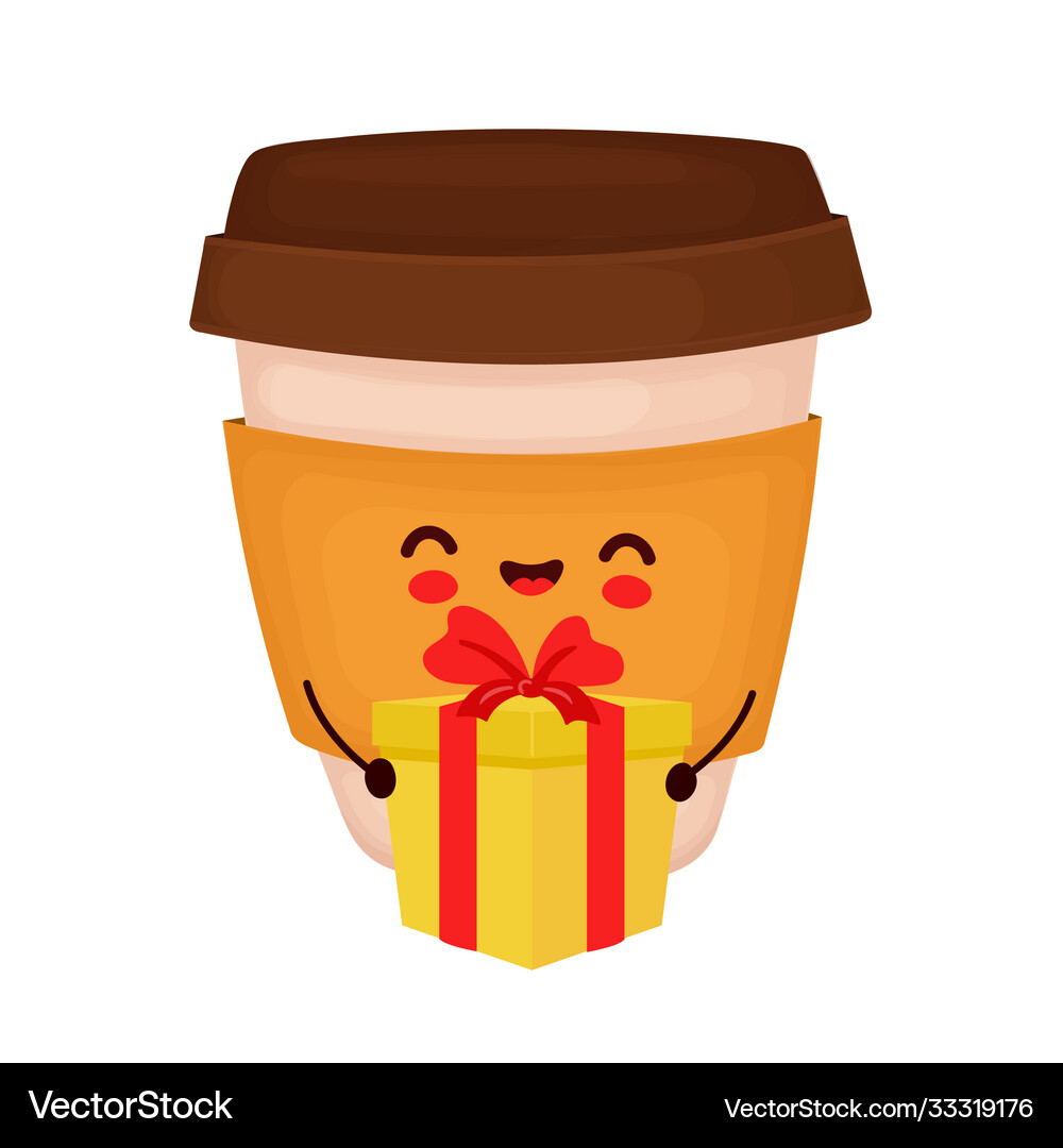 Cute happy coffee cup character with gift box Vector Image