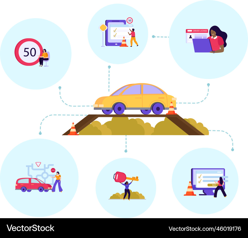 Driving school flat colored background Royalty Free Vector