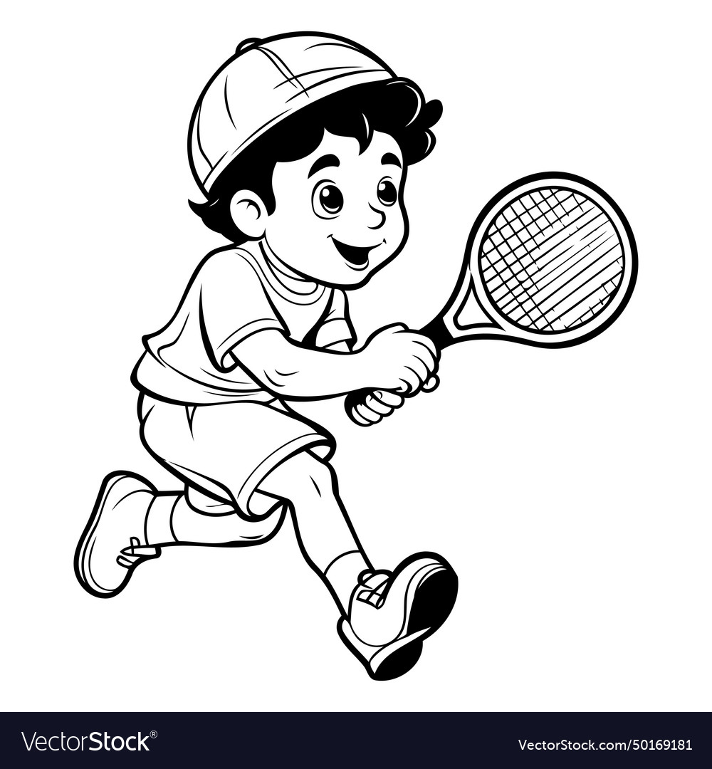 Boy playing tennis - black and white cartoon Vector Image