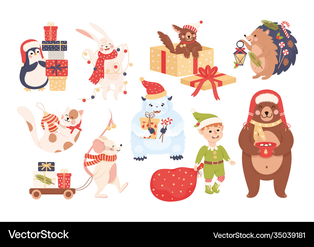 New year characters with elf abominable and bear Vector Image