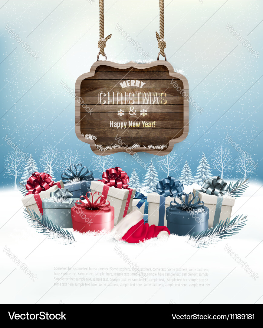 Winter background with gift boxes and a wooden Vector Image