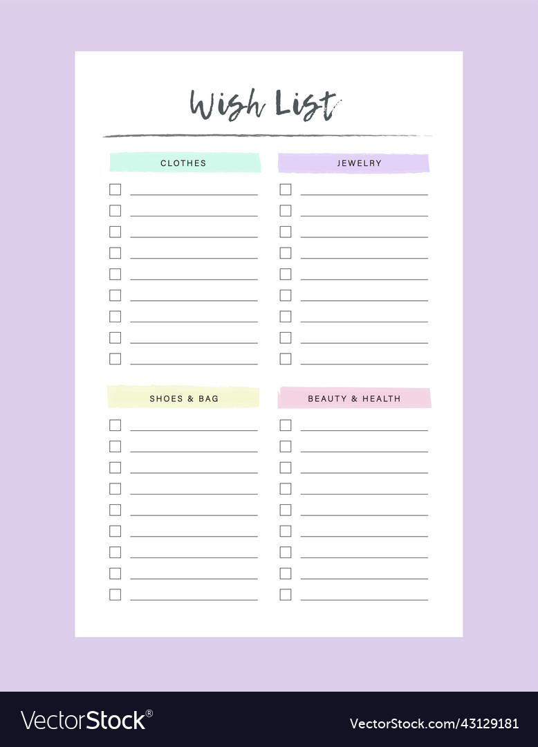 Wish list printable template Royalty Free Vector Image