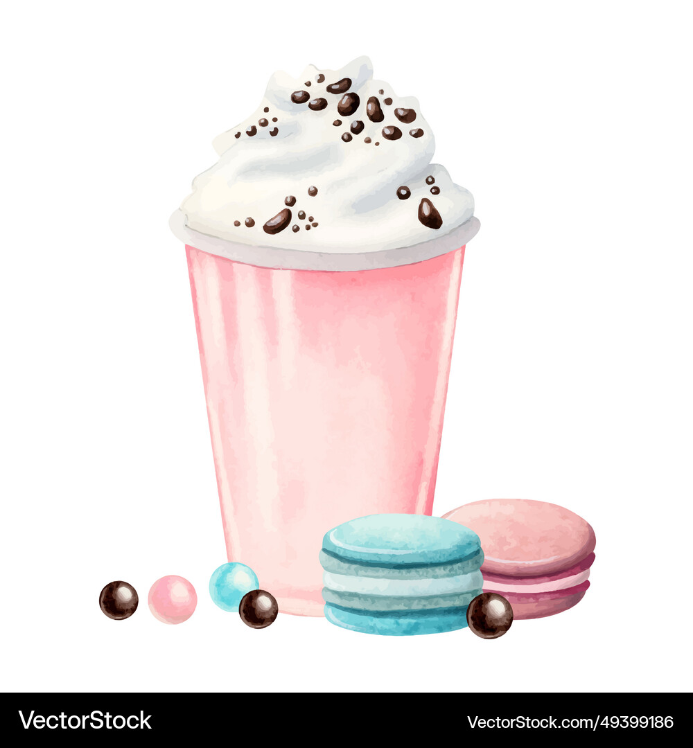 Rosaer Milchshake mit Schlagsahne Macaroons Vektorbild