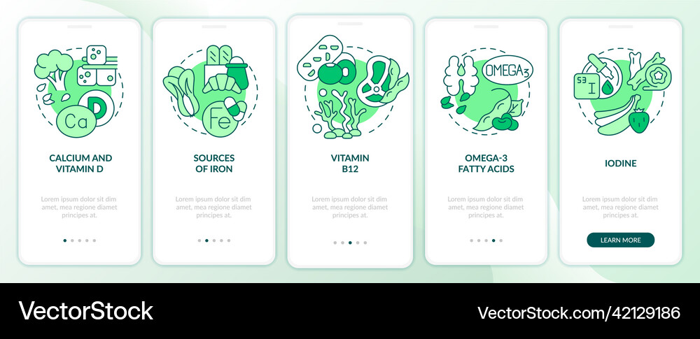 Sources of nutrients green onboarding mobile app Vector Image