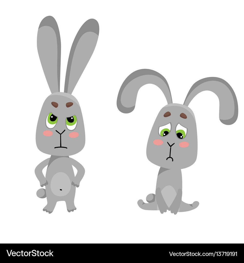 Set cute and simple cartoon rabbits sad Royalty Free Vector