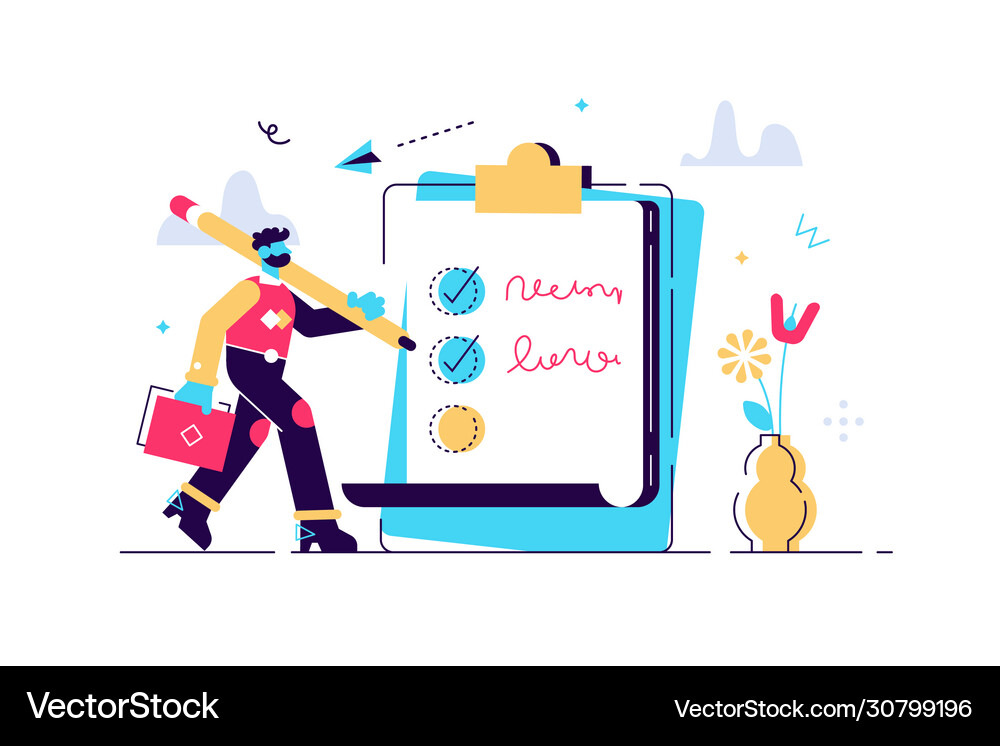 Happy man standing beside giant check list Vector Image