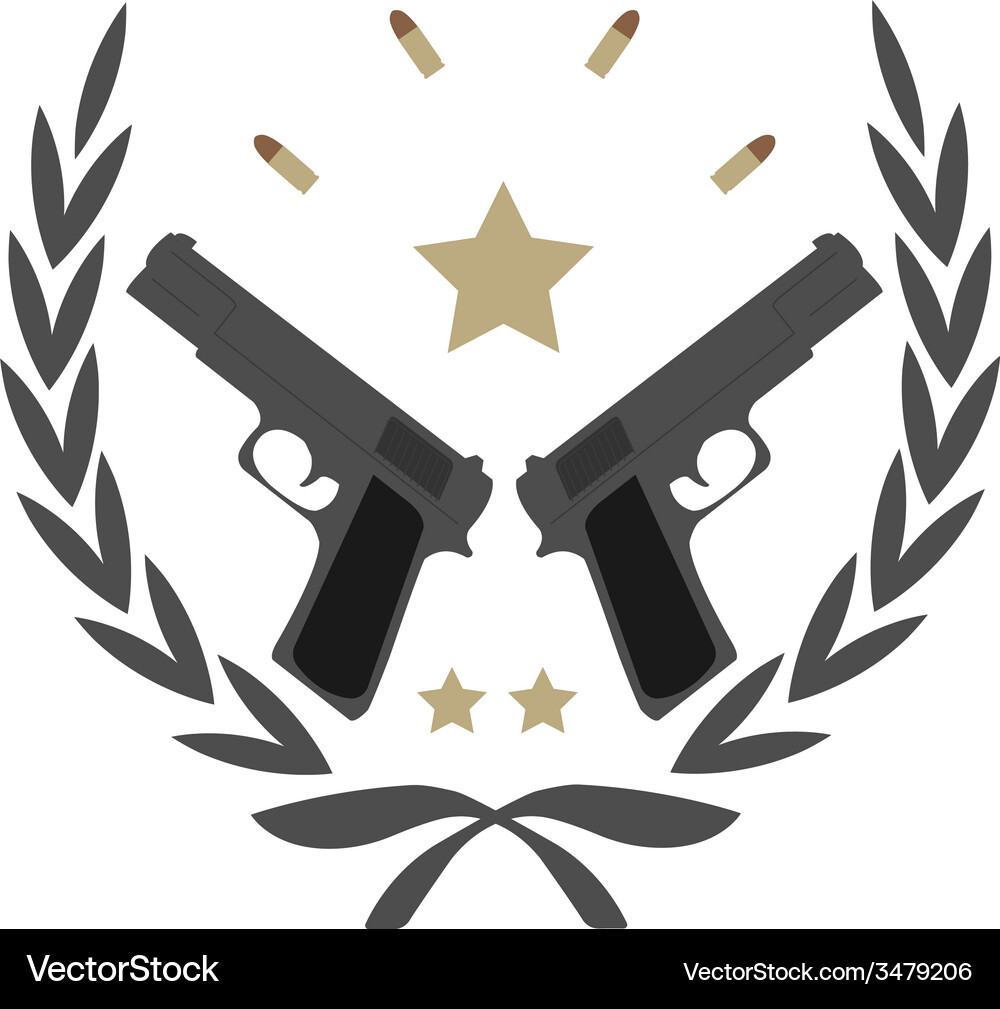 2 pistols in laurel wreath emblem Royalty Free Vector Image
