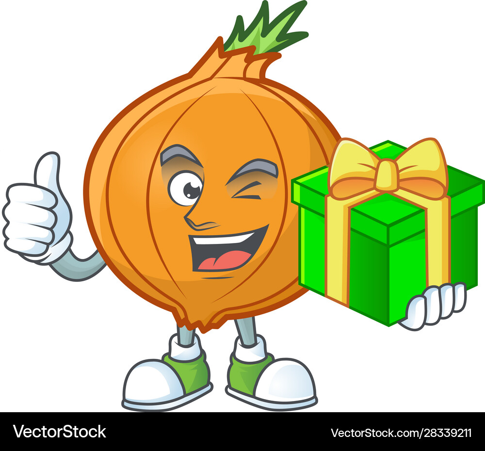Cartoon character happy shallot with gift box Vector Image