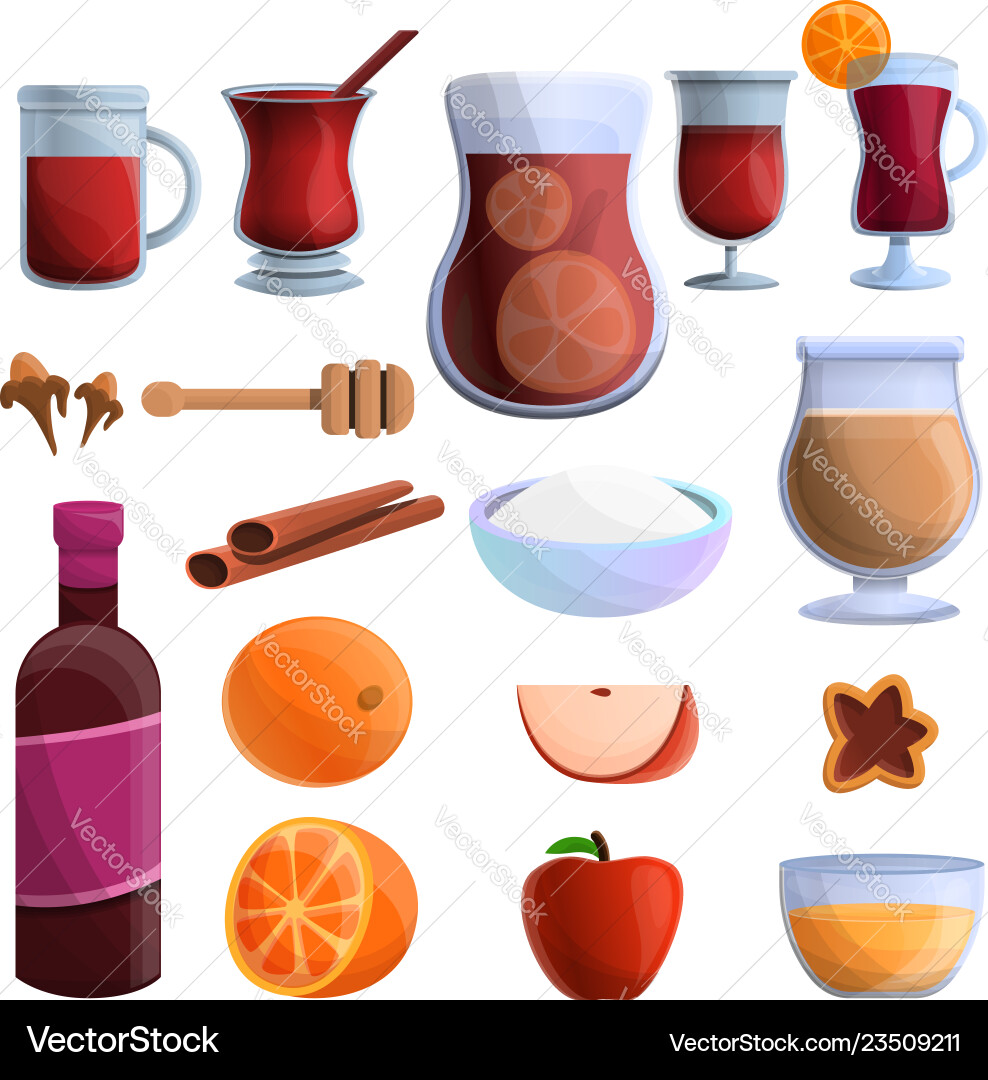 Mulled wine icons set cartoon style Royalty Free Vector