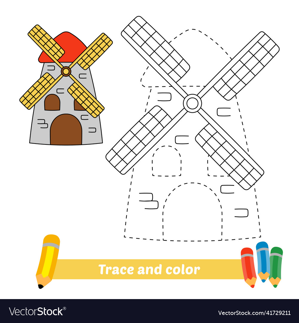 Trace and color for kids windmill Royalty Free Vector Image