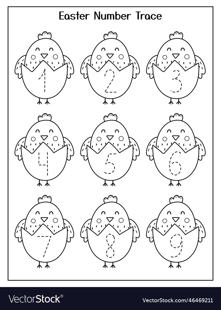 Trace numbers easter worksheet with cute chicks Vector Image