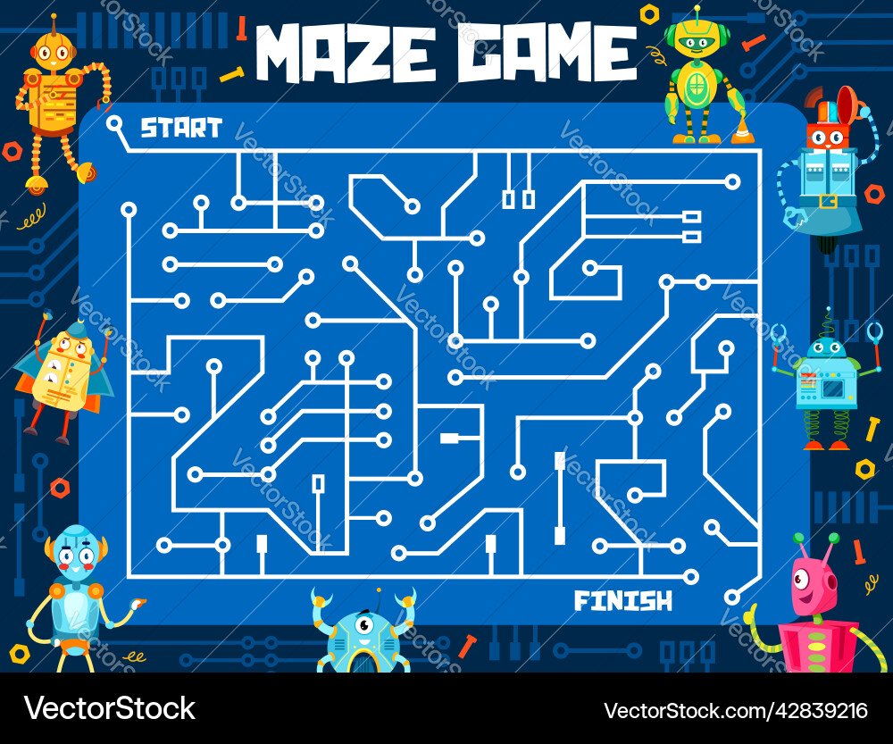 Labyrinth maze game cartoon funny robots bots Vector Image