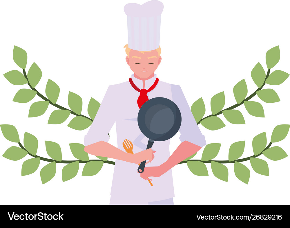 Man chef holding frying pan cooking Royalty Free Vector