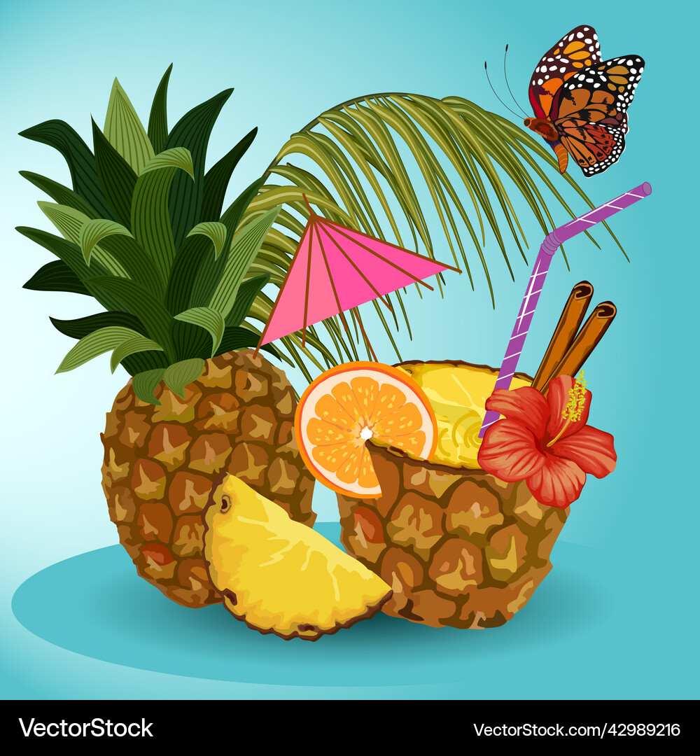 Pineapple fruits with cocktail Royalty Free Vector Image