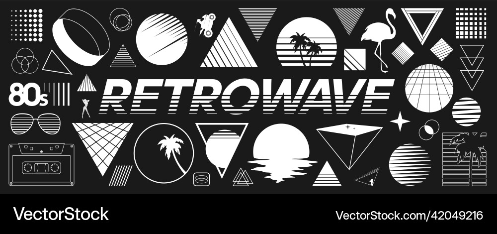 Set of retrowave design elements sunset palm Vector Image