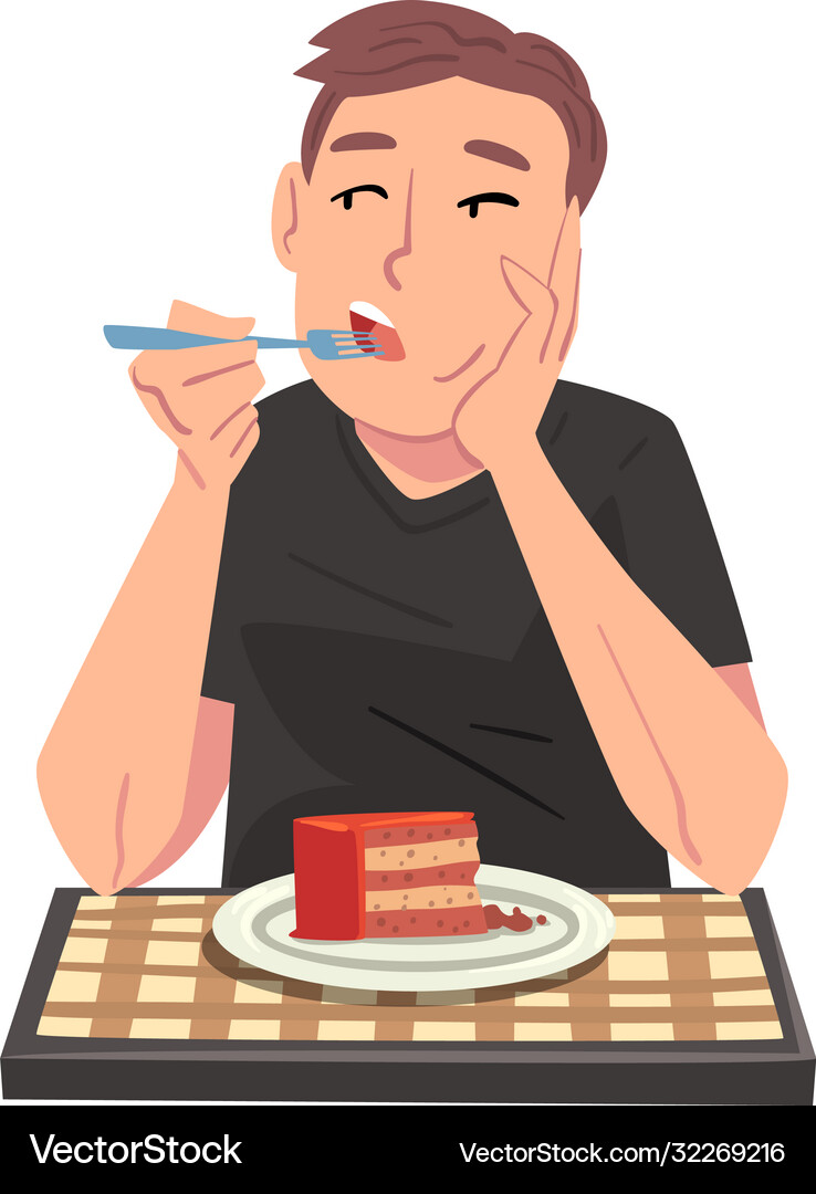Young man eating delicious cake cheerful guy Vector Image