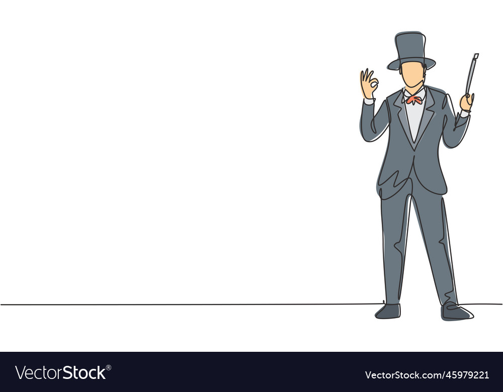 Continuous one line drawing magician stands Vector Image Continuous one line drawing magician stands Vector Image