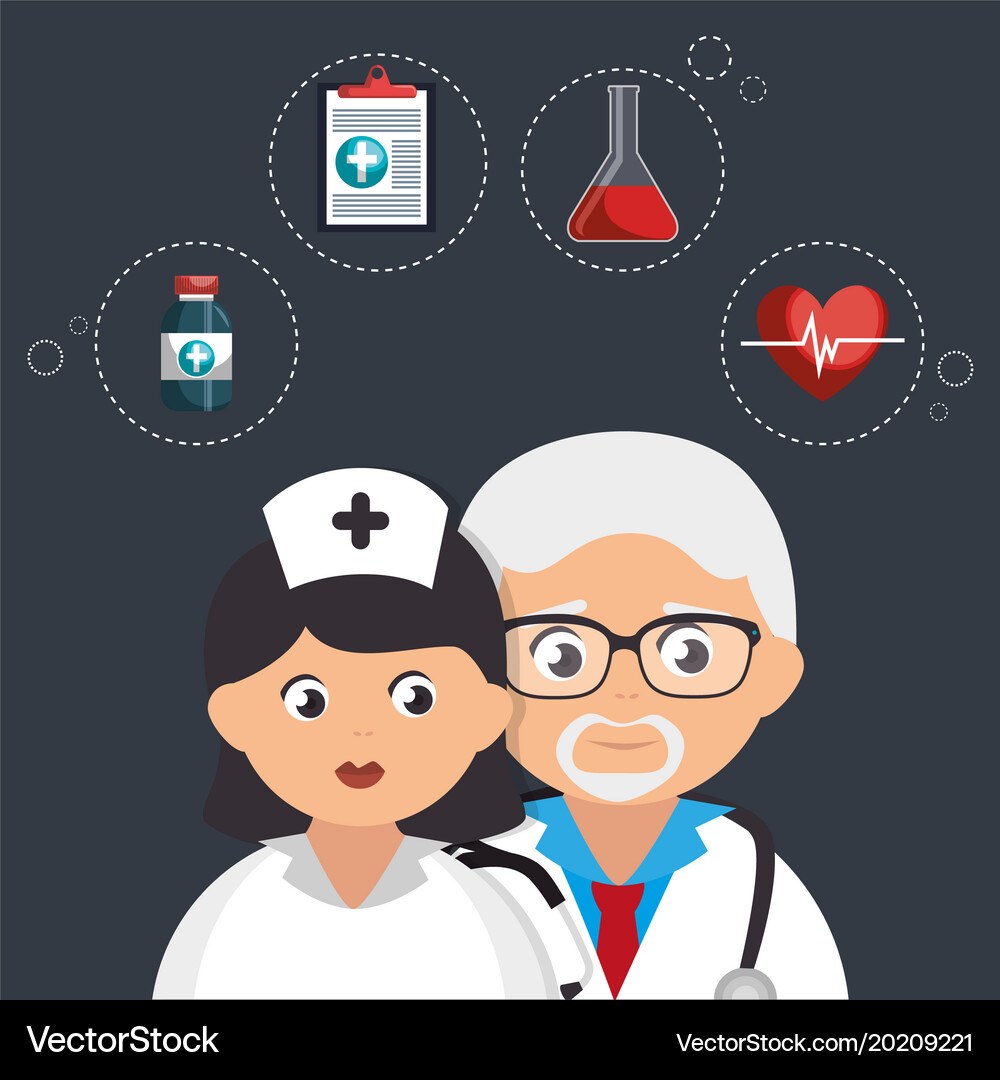 Couple doctors with medical icons Royalty Free Vector Image