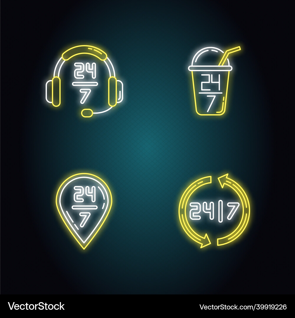 24 7 hour service neon light icons set headset Vector Image