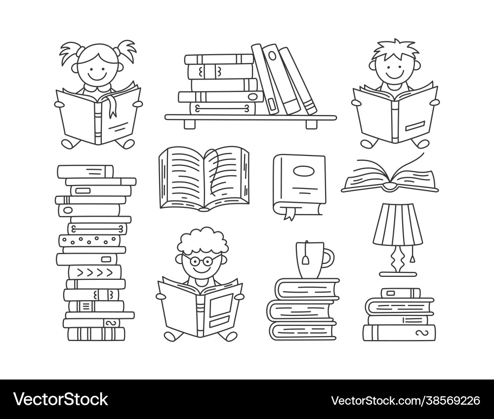 Set books and reading children hand drawn Vector Image