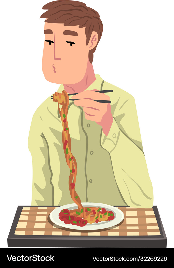 Young man eating pasta cheerful guy sitting Vector Image