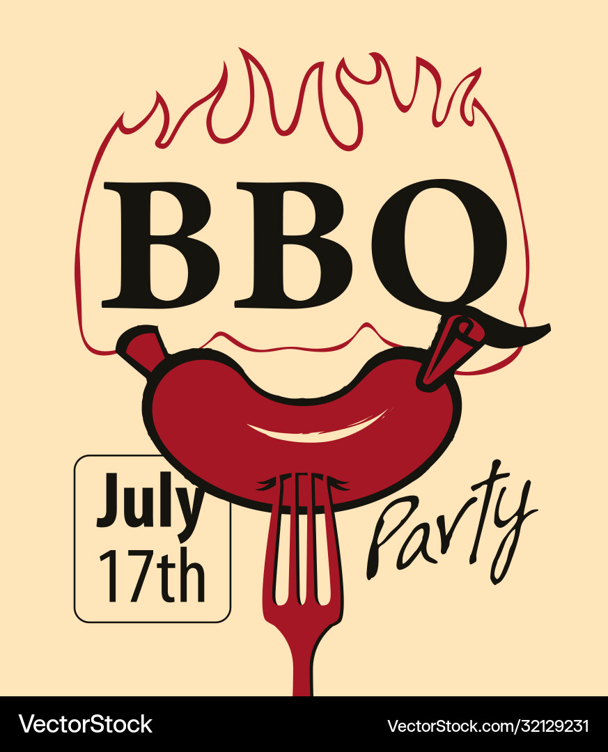 Bbq party banner with a sausage on fork Royalty Free Vector