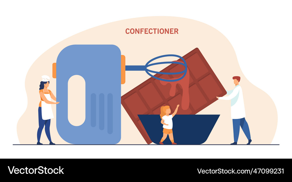 Tiny confectioners cooking with huge mixer bowl Vector Image