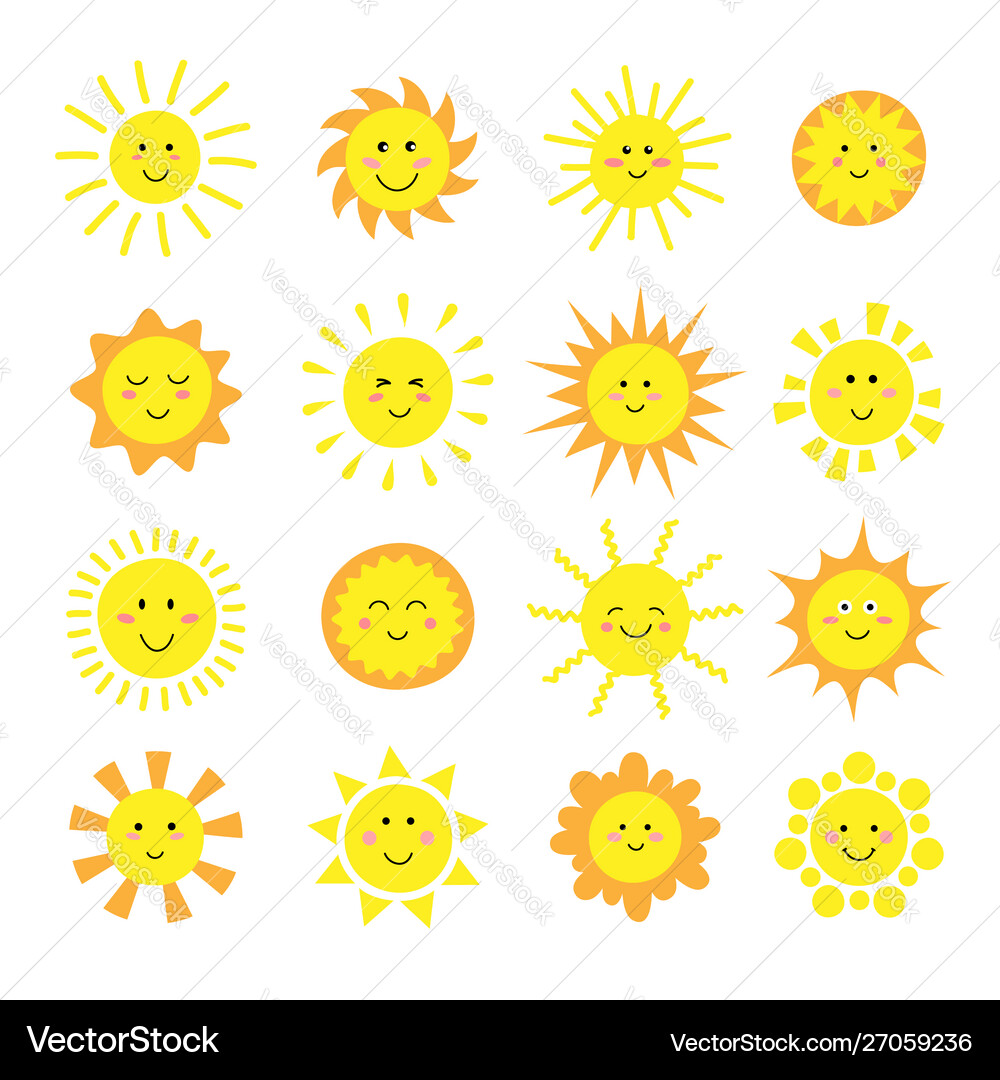 Cartoon sun collection yellow icons set Royalty Free Vector