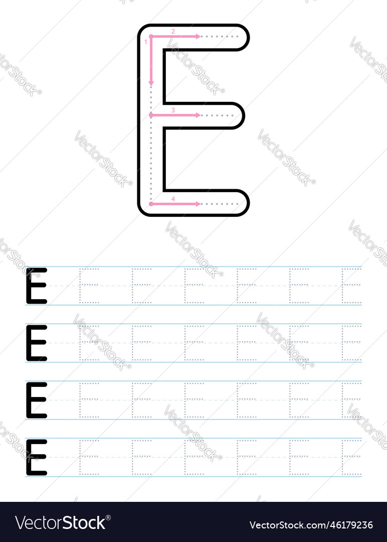 Tracing uppercase letter e worksheet for kids Vector Image